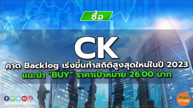 CK คาด Backlog เร่งขึ้นทำสถิติสูงสุดใหม่ในปี 2023 แนะนำ "BUY" ราคาเป้าหมาย 26.00 บาท | Share2Trade